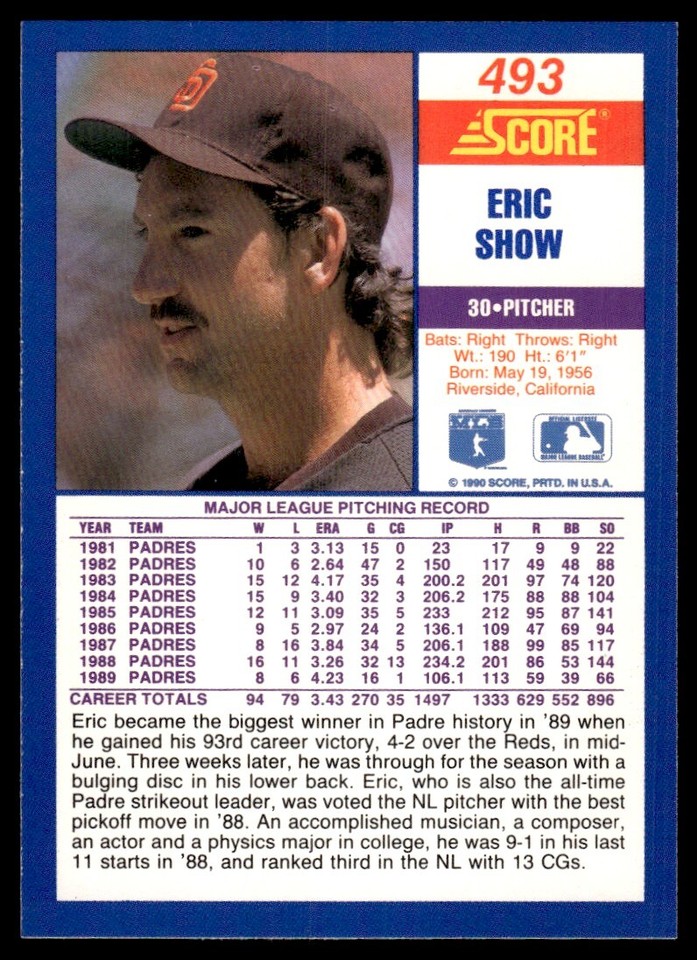 1990 Score Baseball Card Eric Show San Diego Padres #493 | eBay