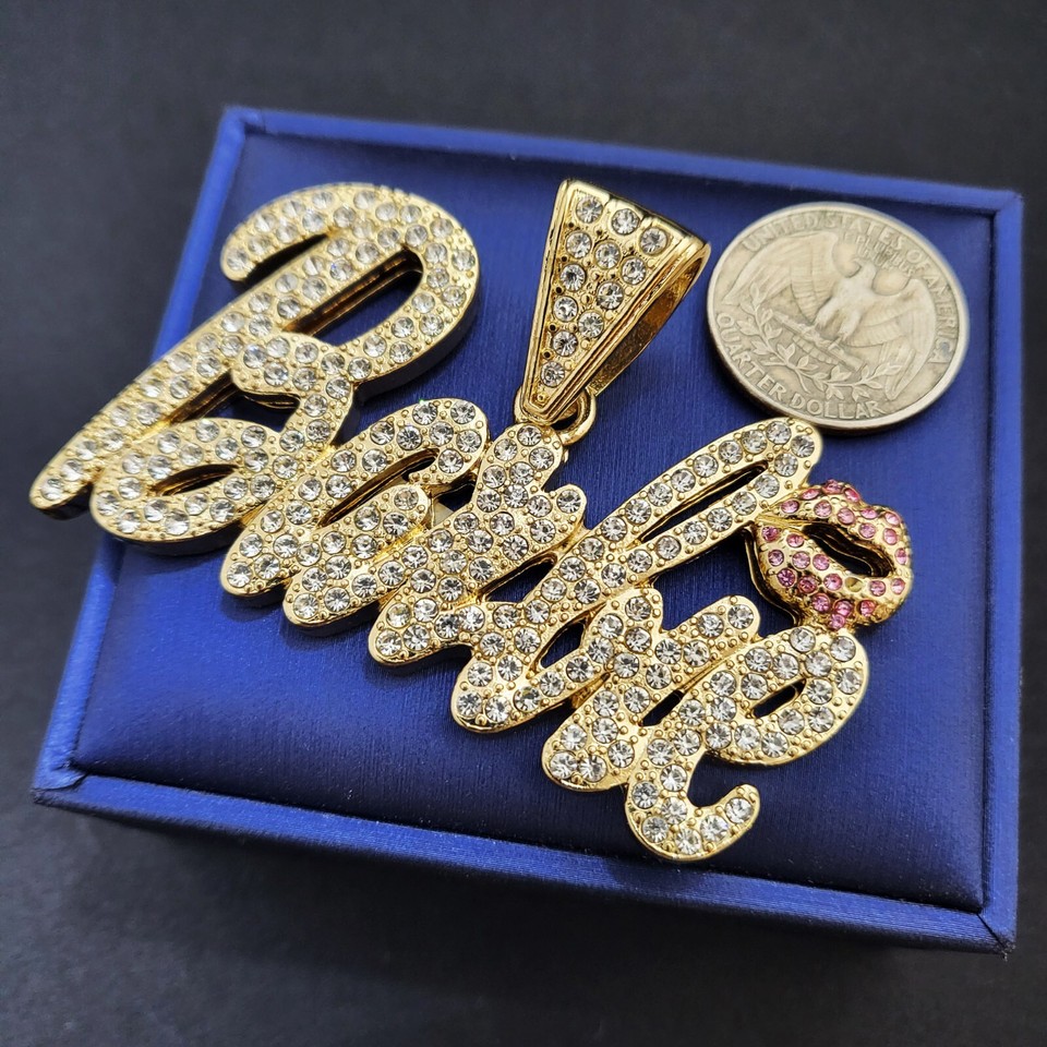 Women Gold Plated Large Barbie Charm & Iced Cubic Zirconia Cuban Chain ...