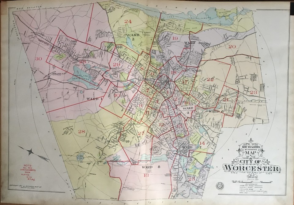 1911 RICHARDS MAP COMPANY WORCESTER, MASSACHUSETTS, INDEX PAGE, PLAT ...