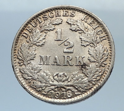 1916 WILHELM II of GERMANY 1/2 Mark Antique German Silver Coin Eagle ...