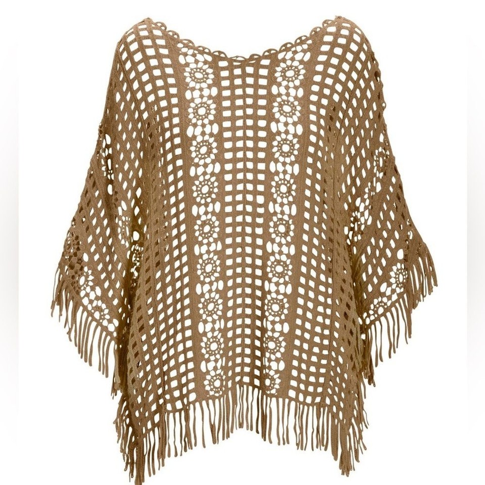 Boston Proper Crochet Fringe Poncho Top Boho Beachy Resort Vacation ...