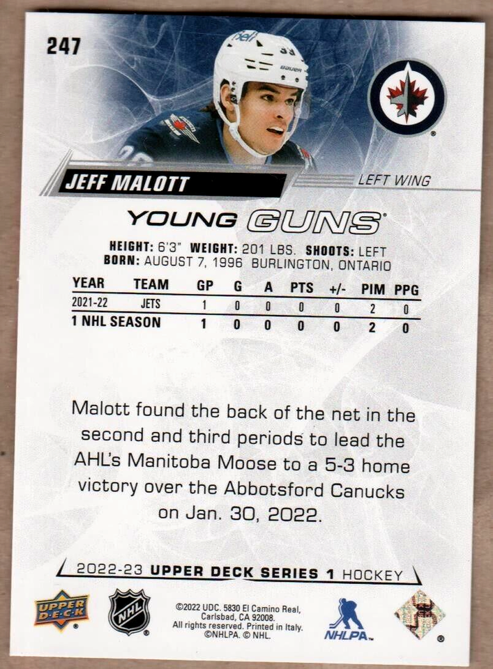 JEFF MALOTT RC 22-23 UPPER DECK UD YOUNG GUNS ROOKIE CARD # 247 JETS YG ...