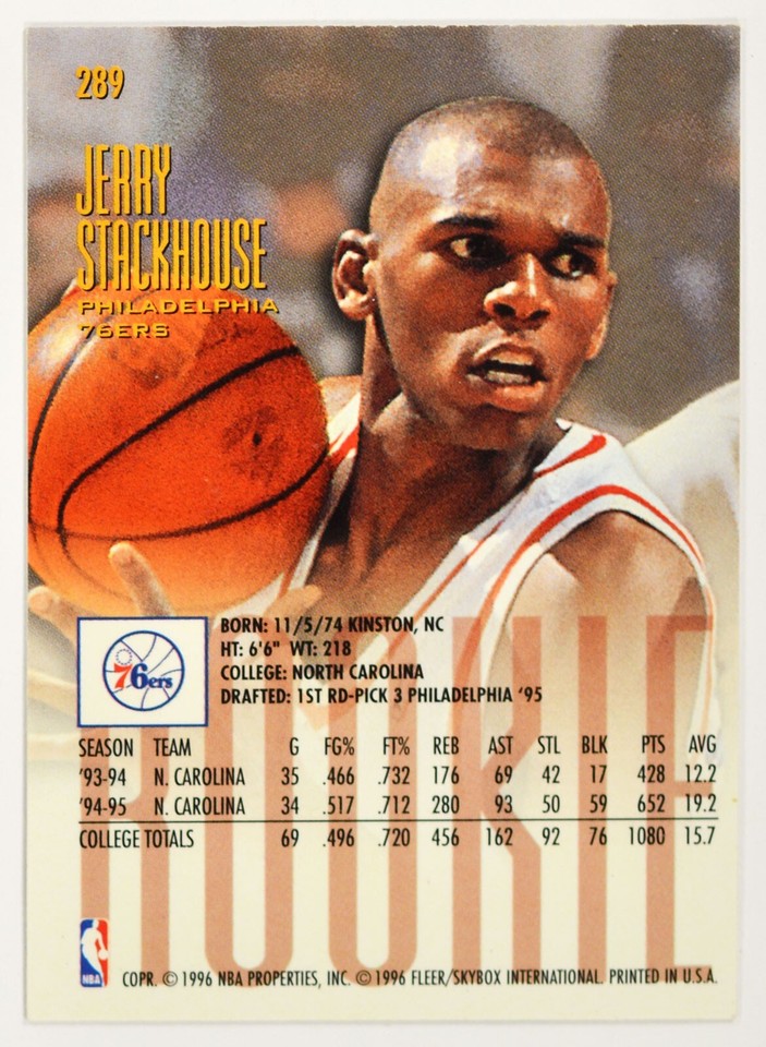 1995-96 FLEER ULTRA JERRY STACKHOUSE ROOKIE CARD #289 PHILADELPHIA ...