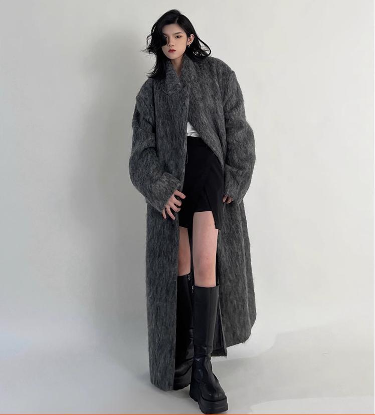 Lapel Women's Full Length Wool Blend Coats Fluffy Jacket Loose French ...