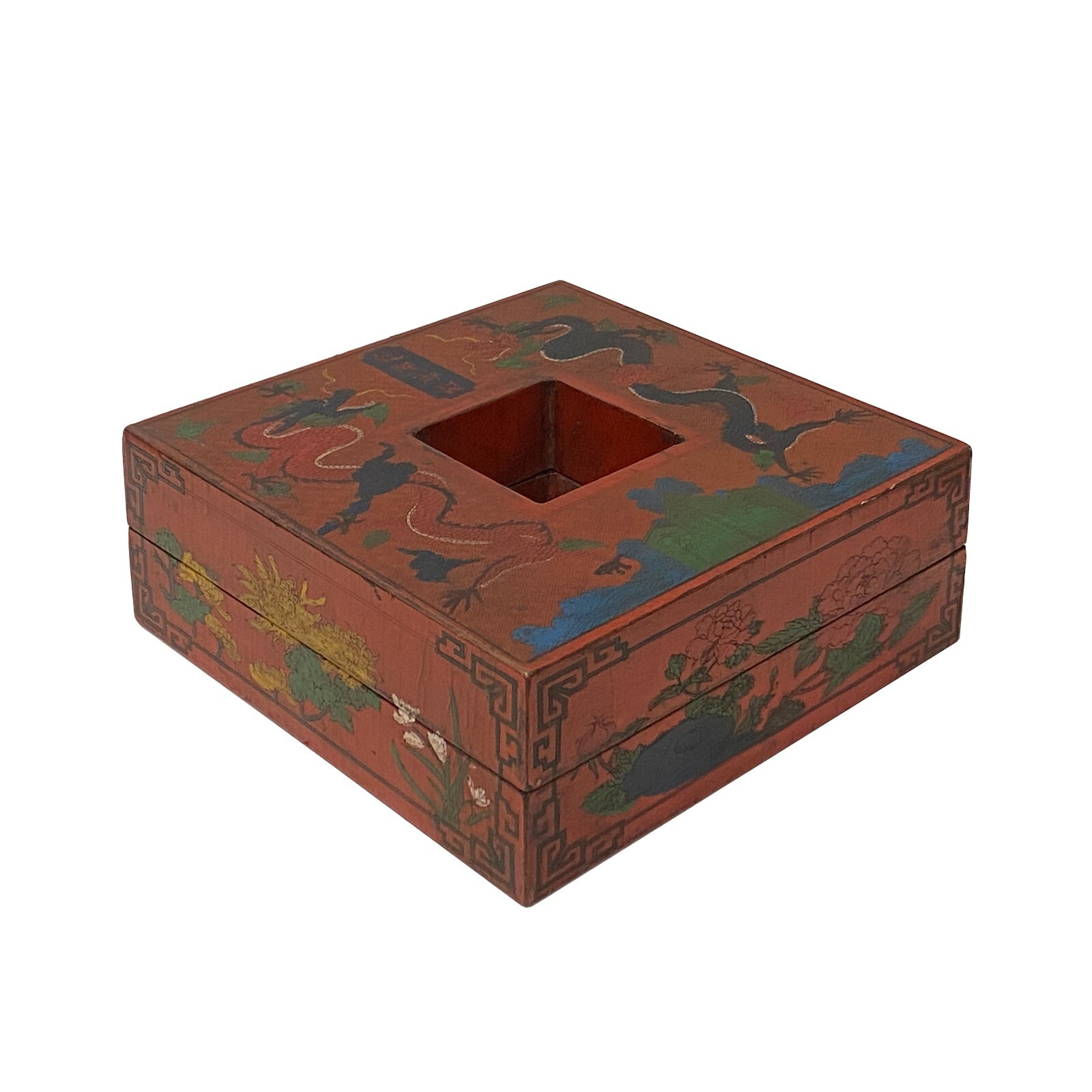 Chinese Distressed Brick Red Dragon Graphic Square Shape Box ws2292 | eBay