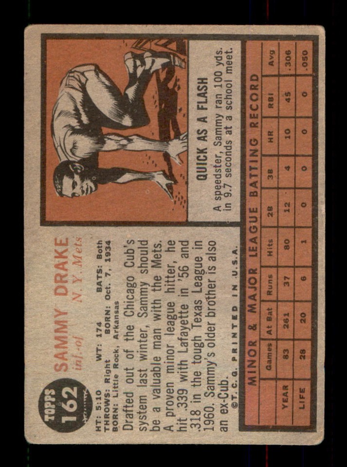 1962 Topps Sammy Drake Rookie RC Low Grade #162 Baseball Card | eBay