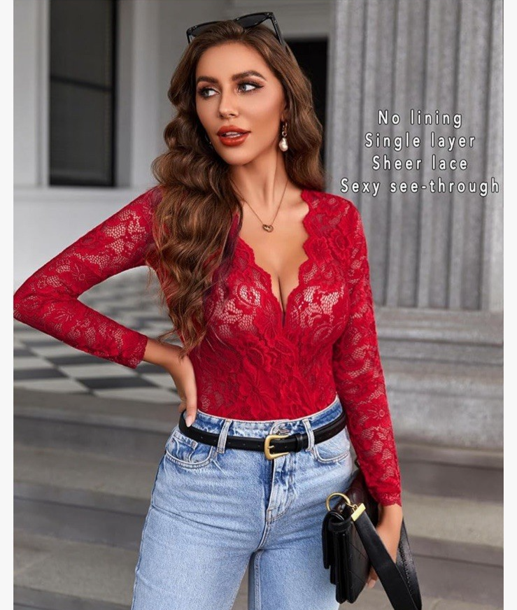 Avidlove Lace Bodysuit Women's Sexy Long Sleeve V Neck Body Suit Red ...