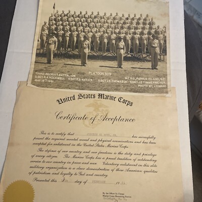 1961 United States Marine Corps Platoon 309 Picture & Acceptance Letter ...