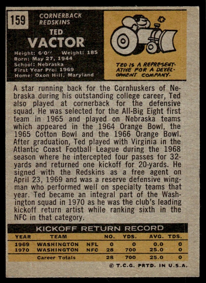 1971 TOPPS TED VACTOR RC WASHINGTON REDSKINS #159C | eBay