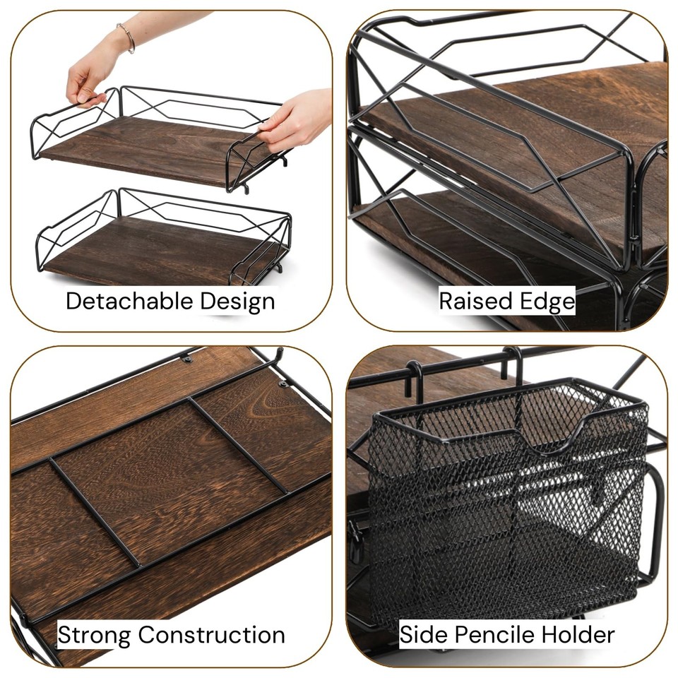 2 Tier Desktop Organizer, Stackable Wood Paper Trays with Pencil Holder ...