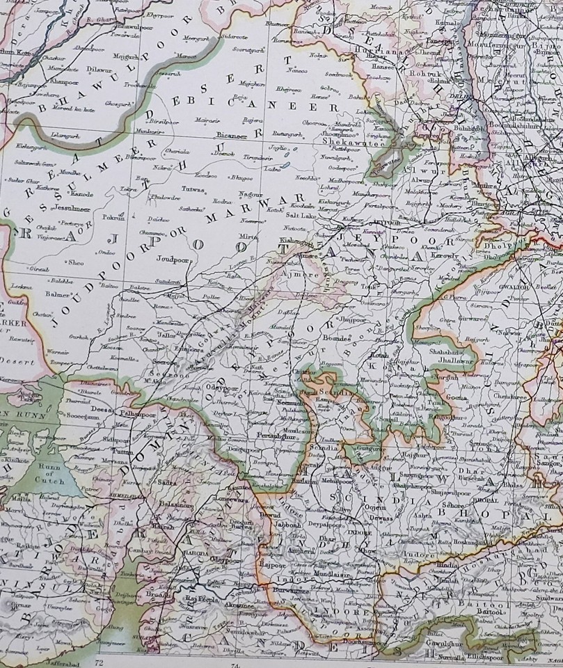 1897 ANTIQUE MAP INDIA NORTHERN SECTION REWA OUDH NEPAL CASHMERE BURMAH ...