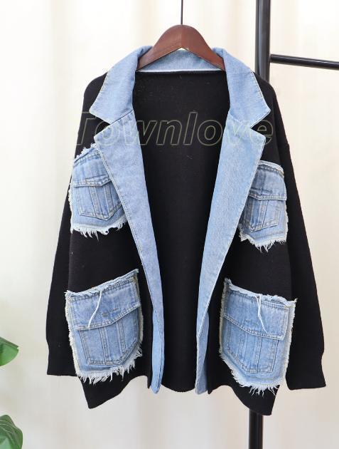New Denim Patchwork Sweater Coat Women's Loose Casual Knitwear Fashion Cardigan | eBay