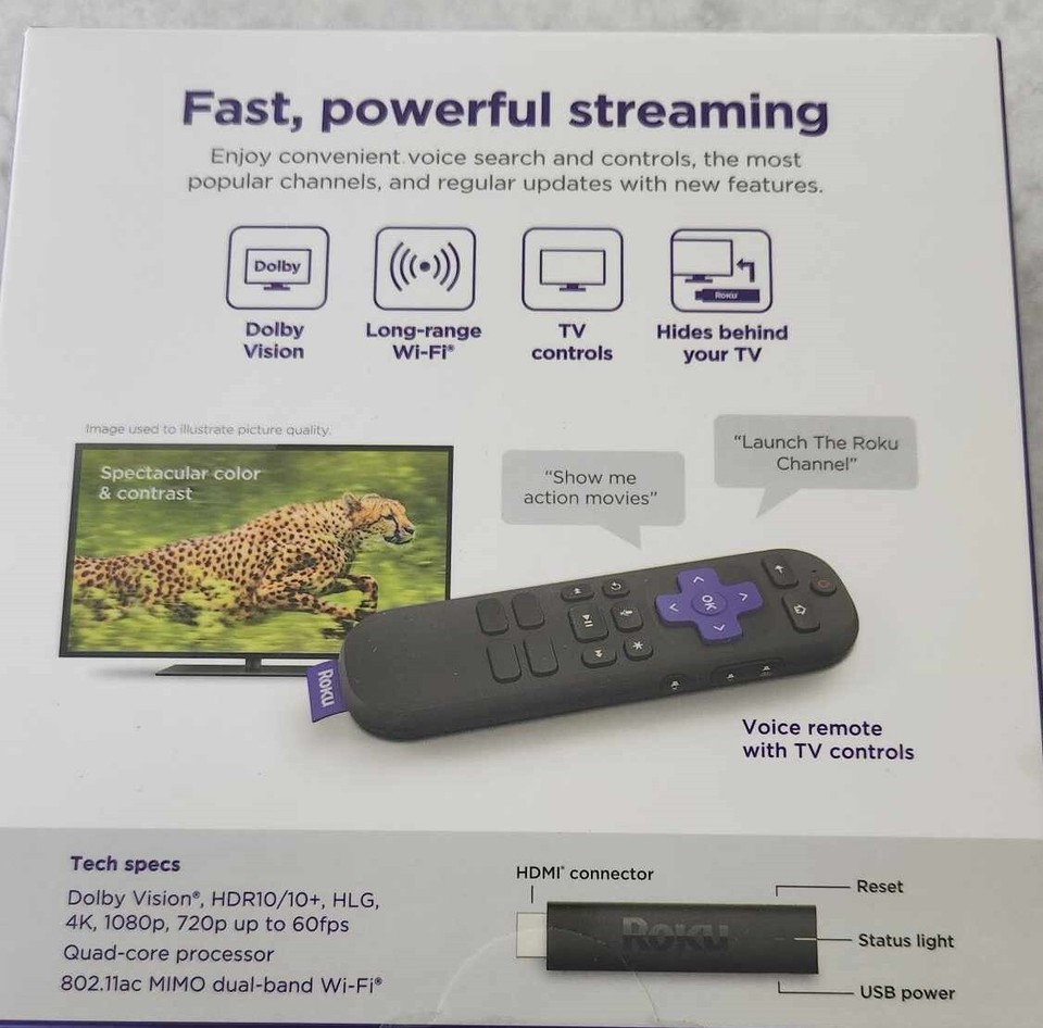 Roku Streaming Stick 4K/HDR/Dolby Roku with Voice Remote - 3820R2 - NEW ...