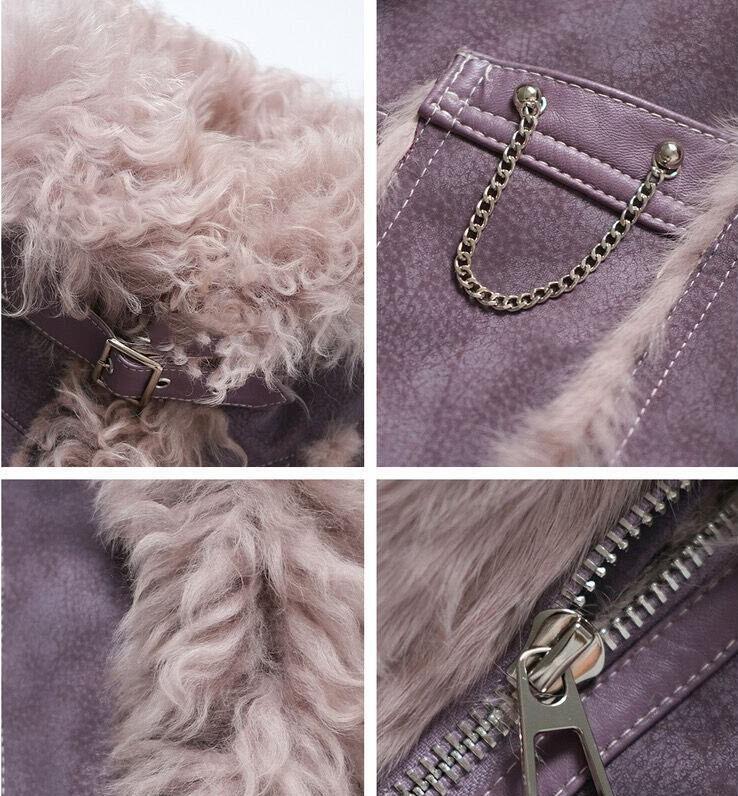 Rabbit Fur Coat Women's Short Biker Jacket Lamb Fur Collar Punk Leather ...