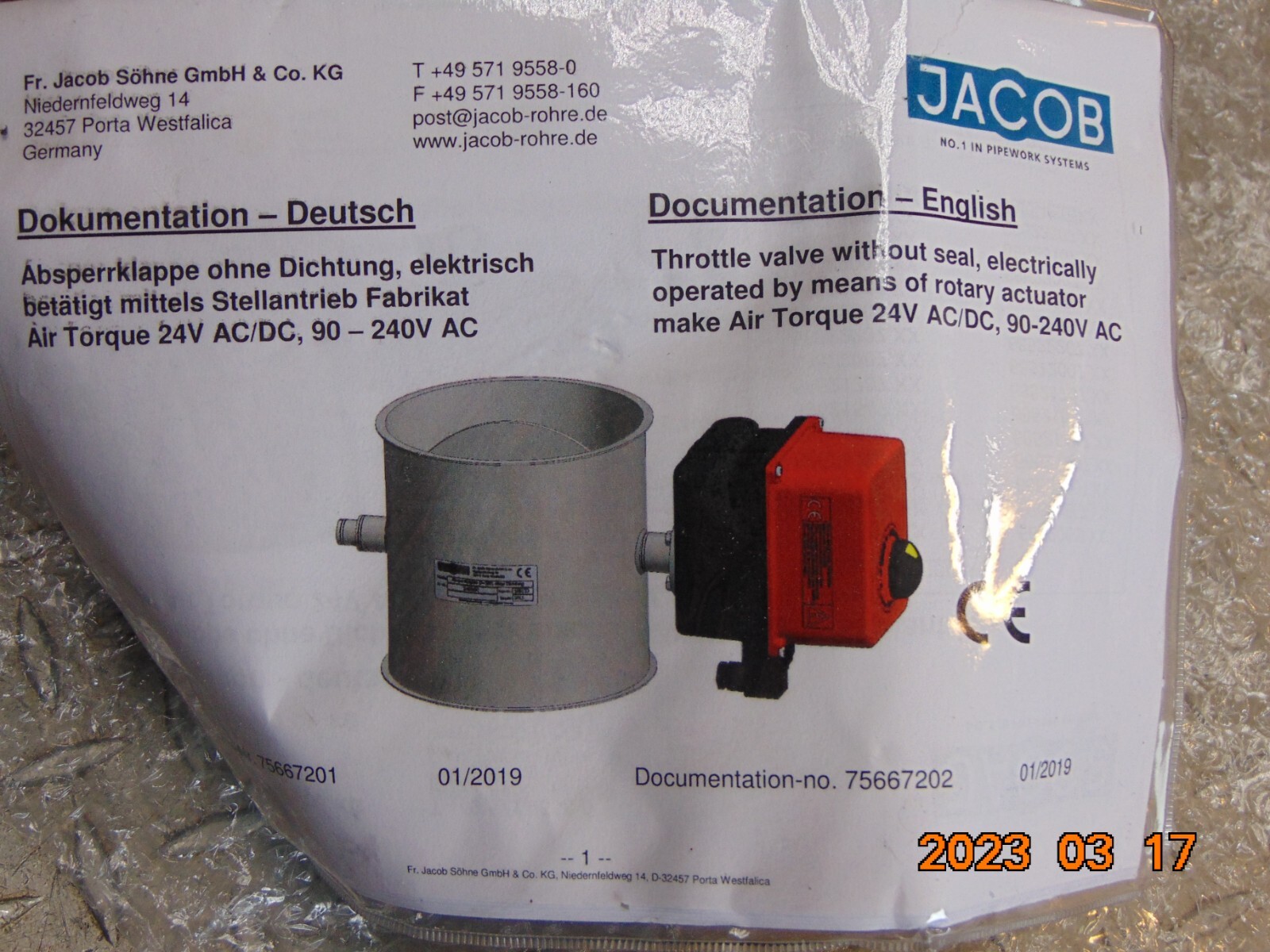 JACOB 4108494/10 THROTTLE VALVE W/O SEAL w ER20.X03.M00 ROTARY ACTUATOR ...