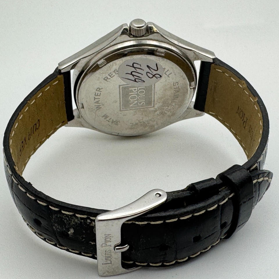 Louis Pion Quartz Watch Etanche Men 30m Silver Steel Day Date Leather ...