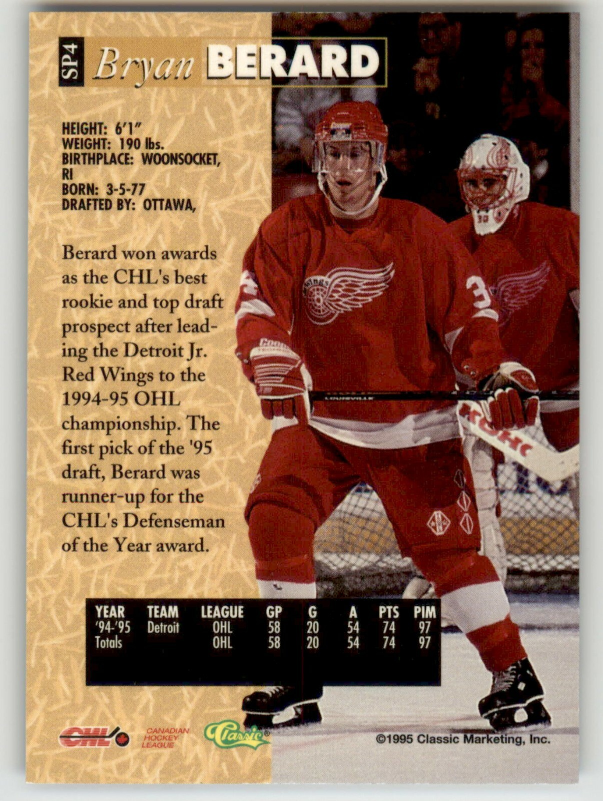 BRYAN BERARD - 1995 CLASSIC 5 SPORT PRINTERS PROOF CARD# SP4 | eBay