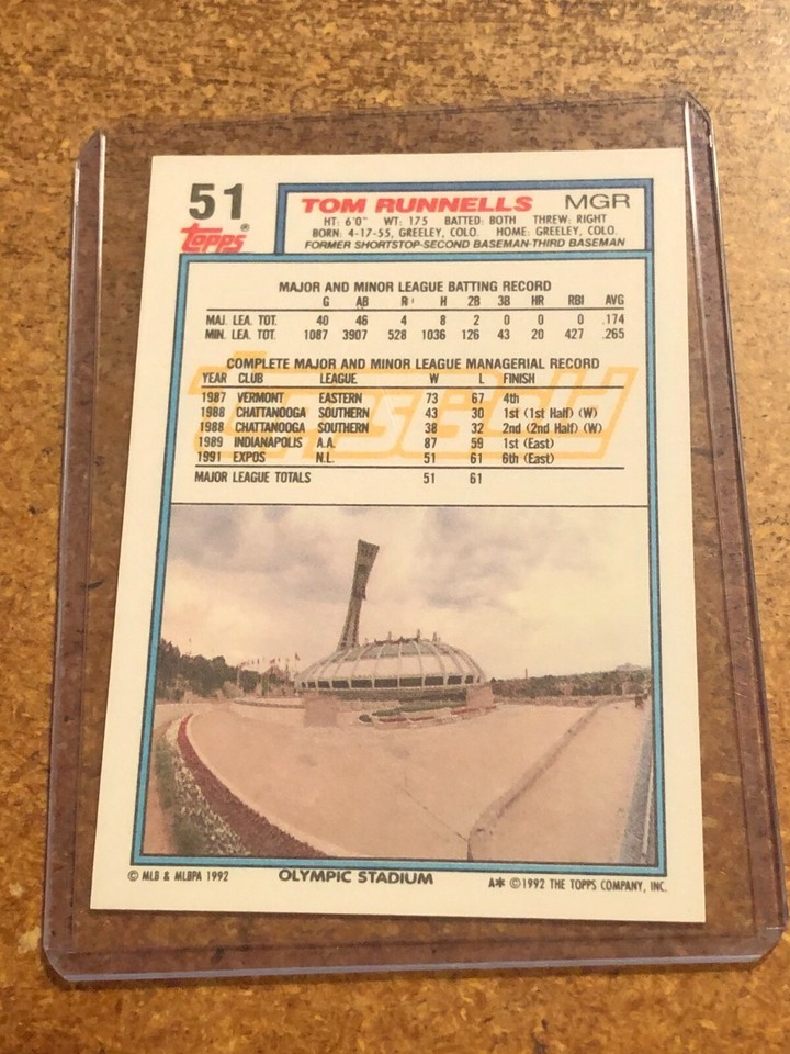 1992 Topps Gold Winner Baseball # 51 Tom Runnells Montreal Expos ...