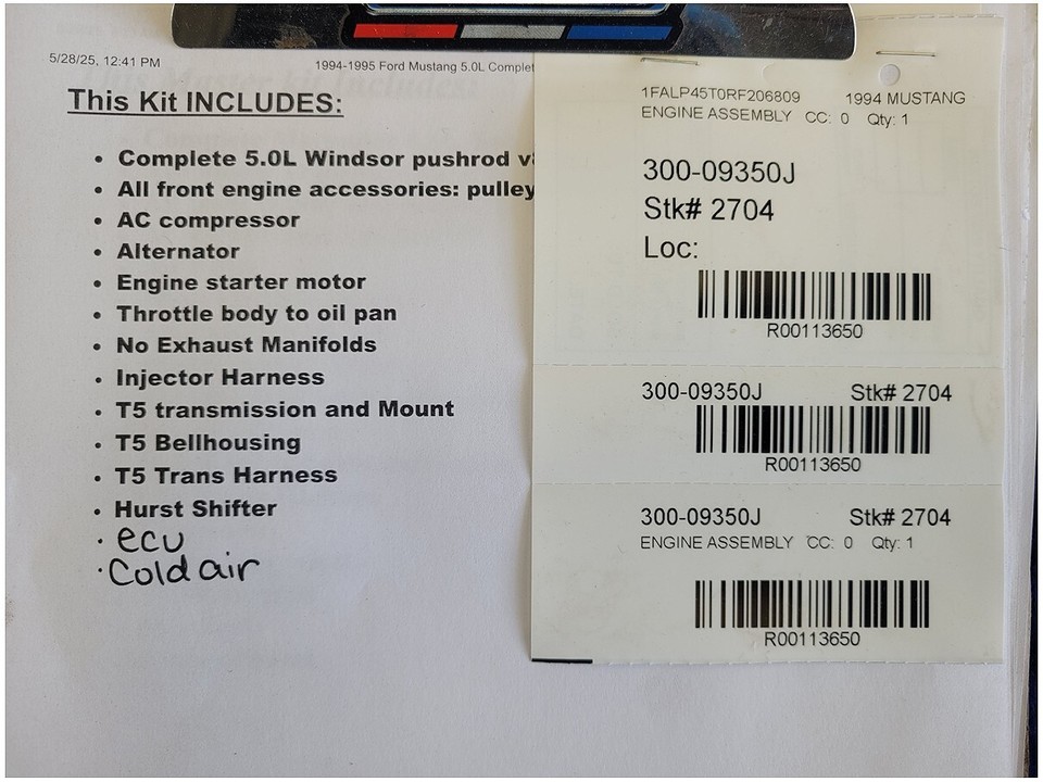 1994-1995 Ford Mustang 5.0L Complete Engine 5.0 302 Windsor Manual ...