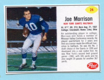 2022-1962 Style Cereal Football Card # 24 Joe Morrison -- Giants | eBay
