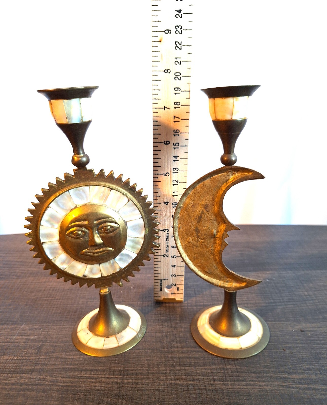 Vintage Sun & Moon Brass & Mother of Pearl Celestial Candle Holders Candlesticks | eBay