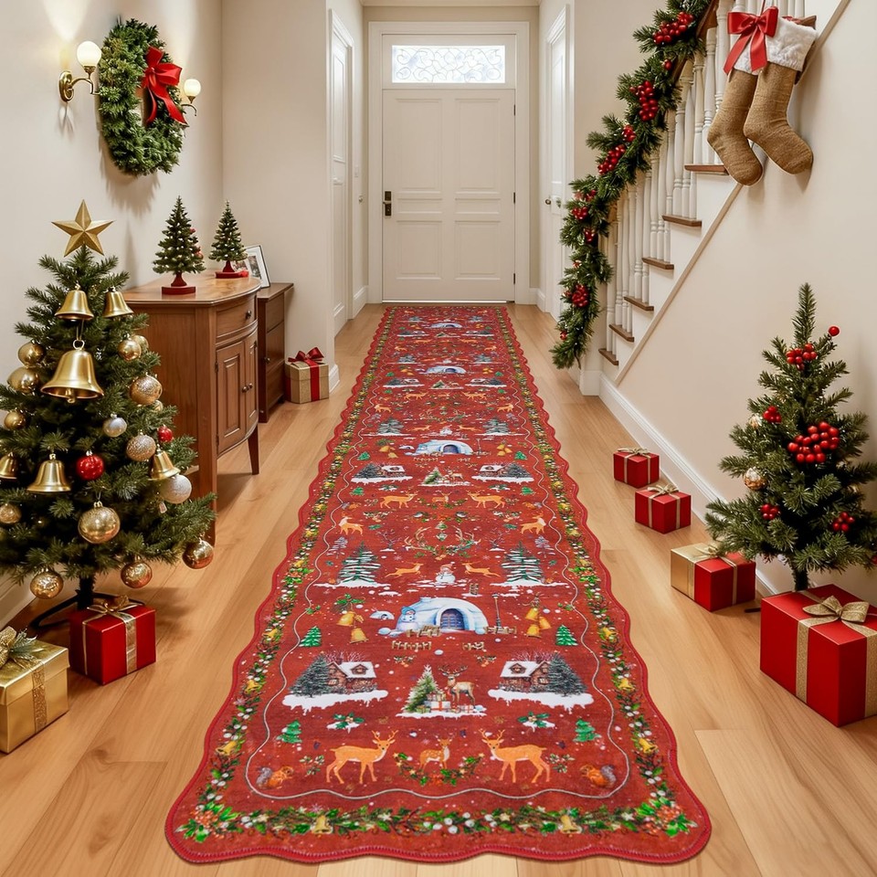 Christmas Runner Rug for Hallway 2x10, Scalloped Red Long Kitchen ...