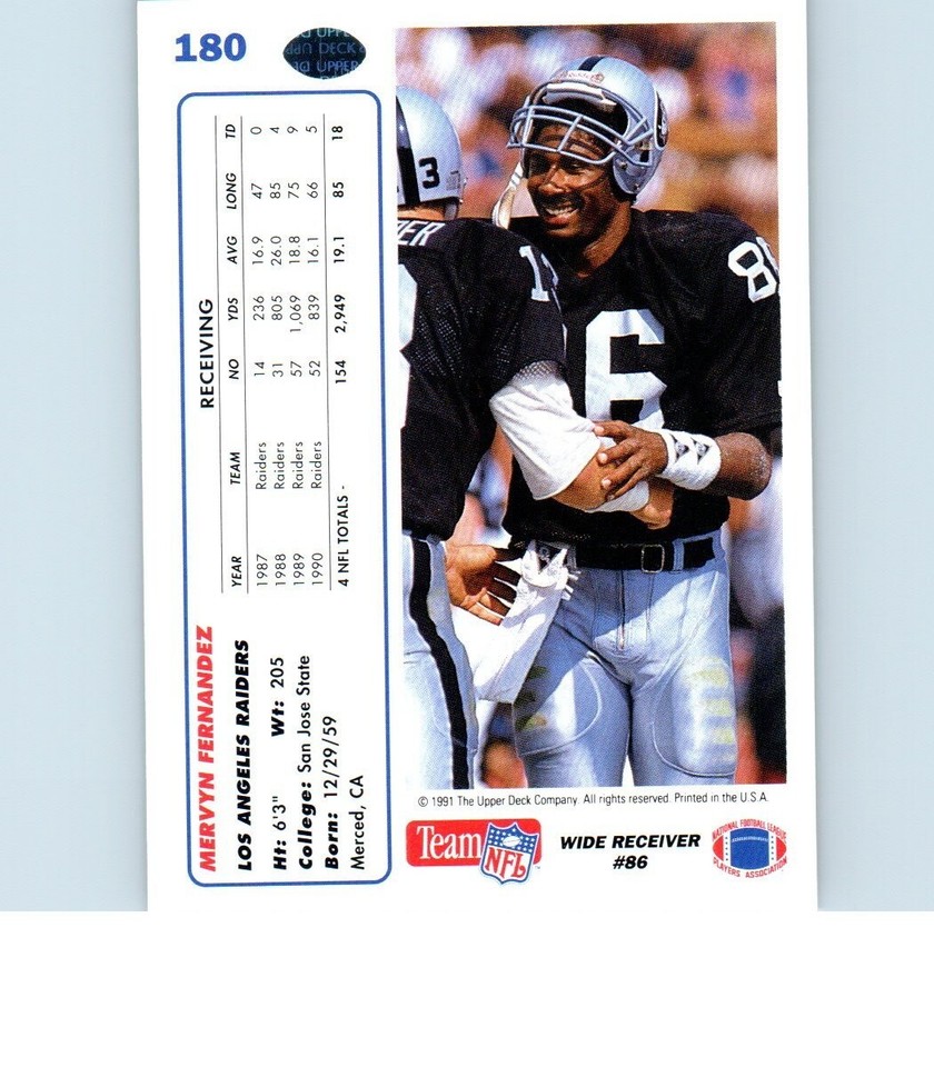 Mervyn Fernandez 180 Raiders 1991 Upper Deck NFL Football Trading Card ...