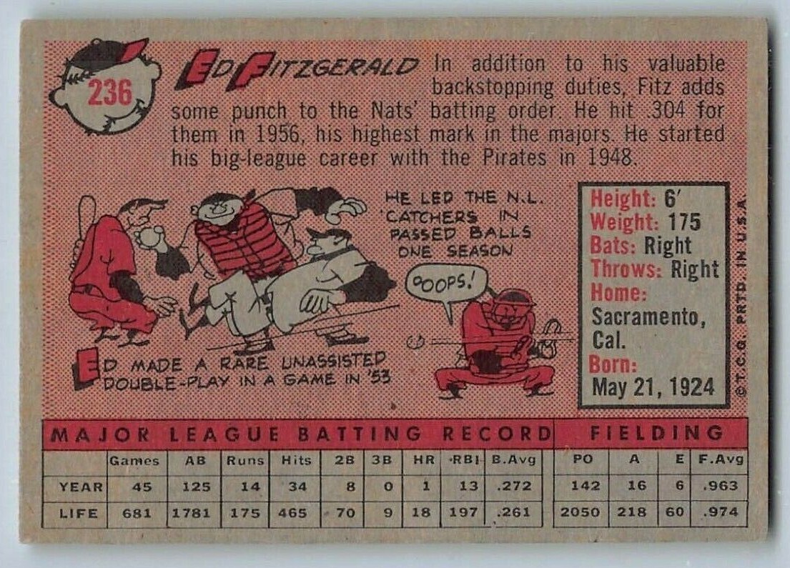 1958 ED FITZGERALD - Topps Baseball Card # 236 - WASHINGTON SENATORS | eBay