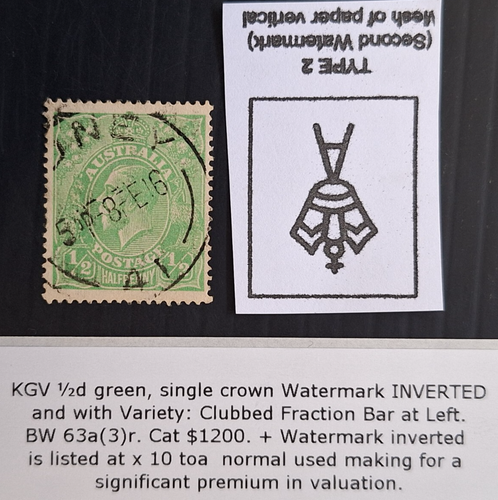 1915 Australia 1/2d Emerald KGV Stamp 2nd WMK INVERTED -Club Fraction ...