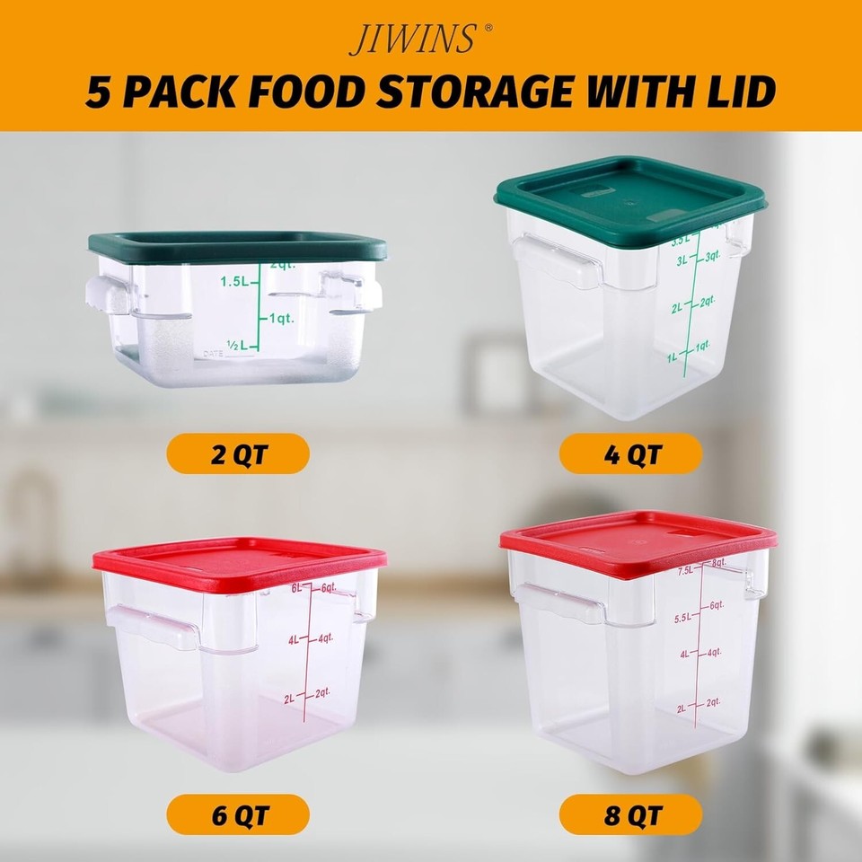 CMI 5pcs 8 Qt Commercial Plastic Grade Square Food Storage Containers ...
