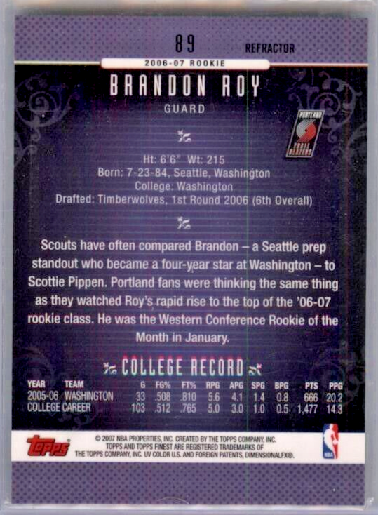 2006-07 Topps Finest Brandon Roy Rookie Refractor #89 PORTLAND ...
