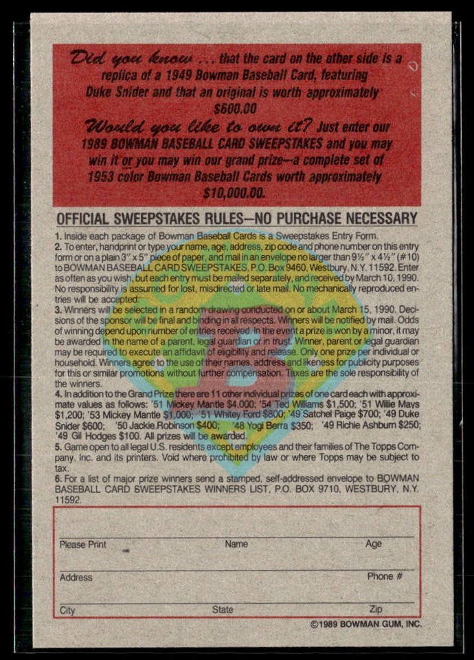 1989 Bowman #NNO Edwin "Duke" Snider Reprint Sweepstakes Baseball Card ...