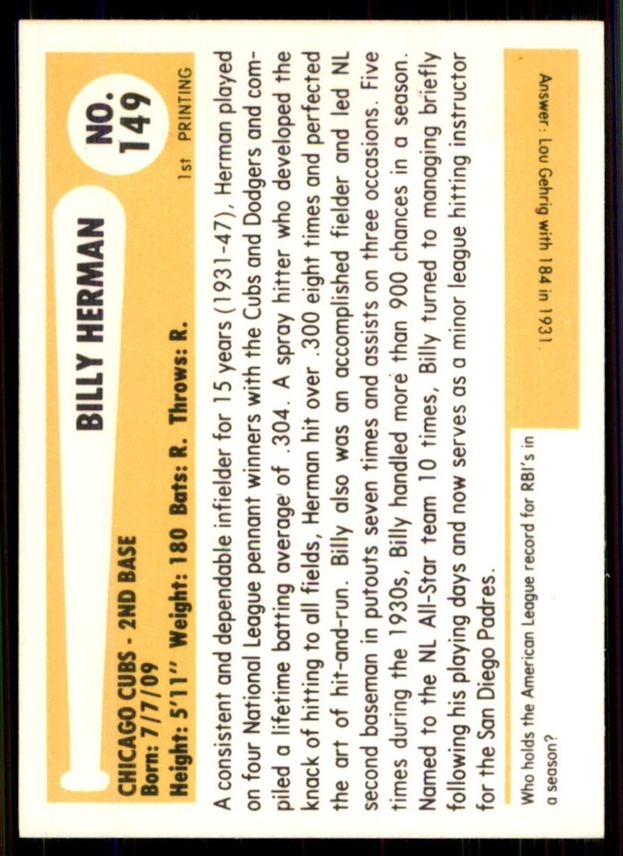1980 SSPC HOF Billy Herman Chicago Cubs #149 | eBay