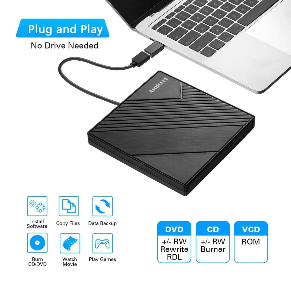 External DVD Drive USB 3.0 USB C CD Burner CD/DVD +/-RW Optical Drive ...