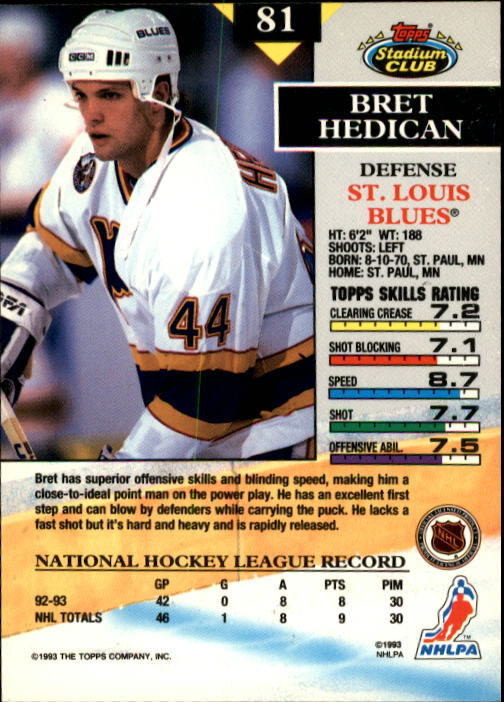 1993-94 Stadium Club Blues Hockey Card #81 Brett Hedican | eBay