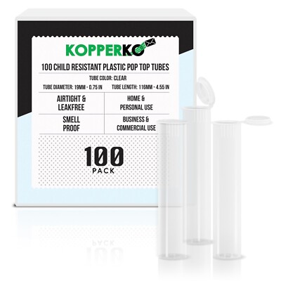 Kopperko 116mm Plastic Pop Top Tubes - Child Resistant, Clear, 100 Pack ...