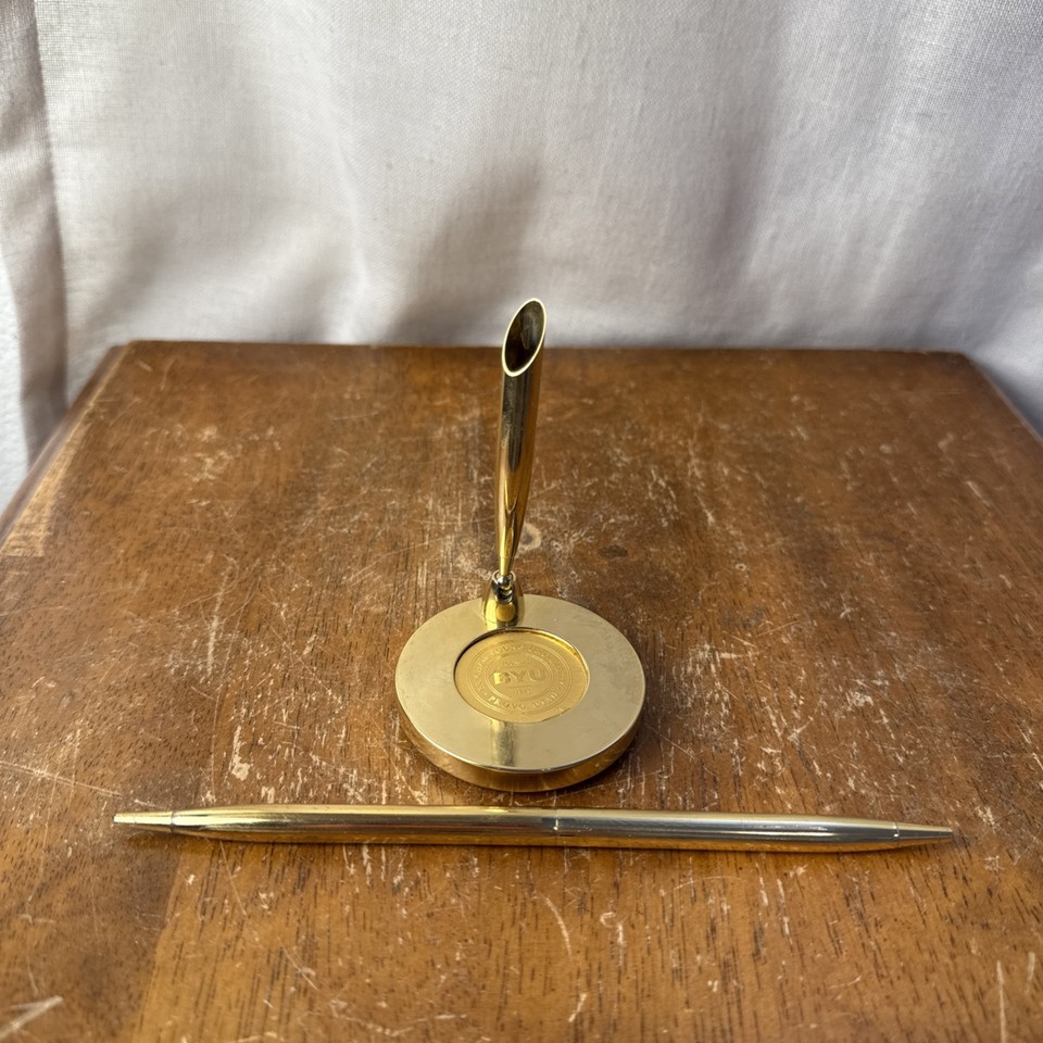 BYU Gold Plated Desk Set Ballpoint Pen Stand Collector Office Alumni ...