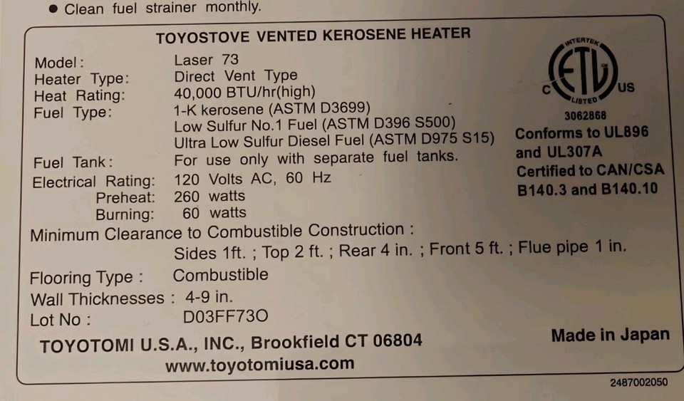 Toyostove Blower Motor Laser 56 & 73 Part # 20478747 | eBay
