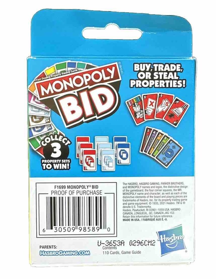 Monopoly Bid Game, Quick-Playing Card Game for 4 Players CARDS SEALED ...
