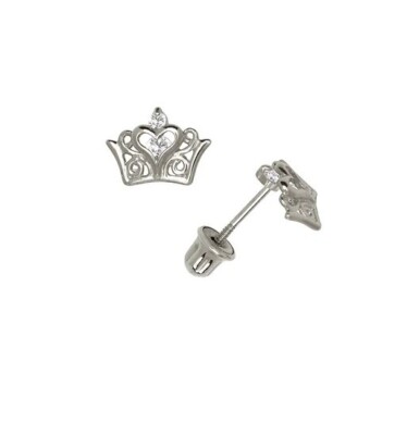 14k White Gold Zircon Crown Baby Screw Back Stud Earrings | eBay
