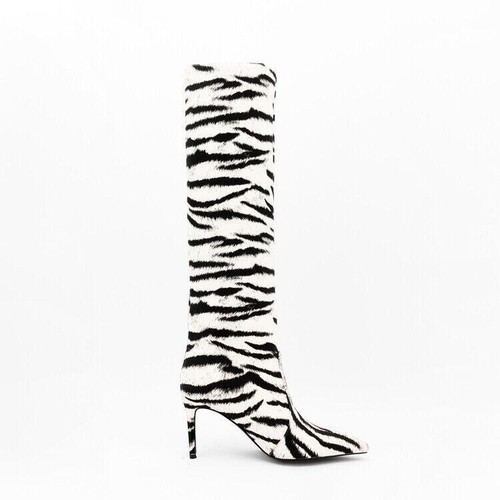 Womens Pointy Toe Tiger Print Knee High Boot Stiletto High Heel Shoes ...