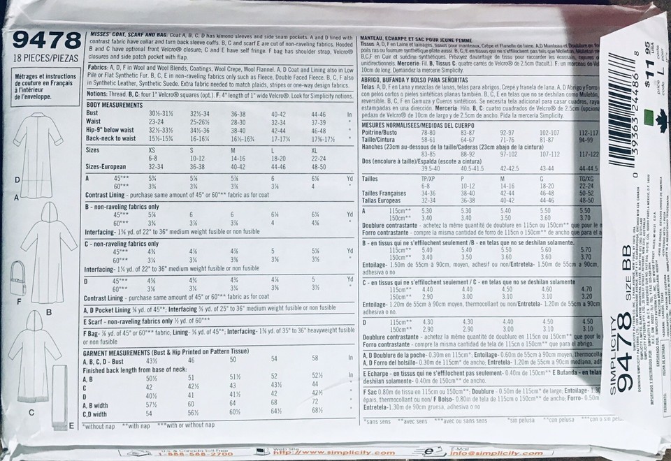 Simplicity Misses' Coats Scarf and Bag Pattern 9478 Size L-XL New Uncut ...