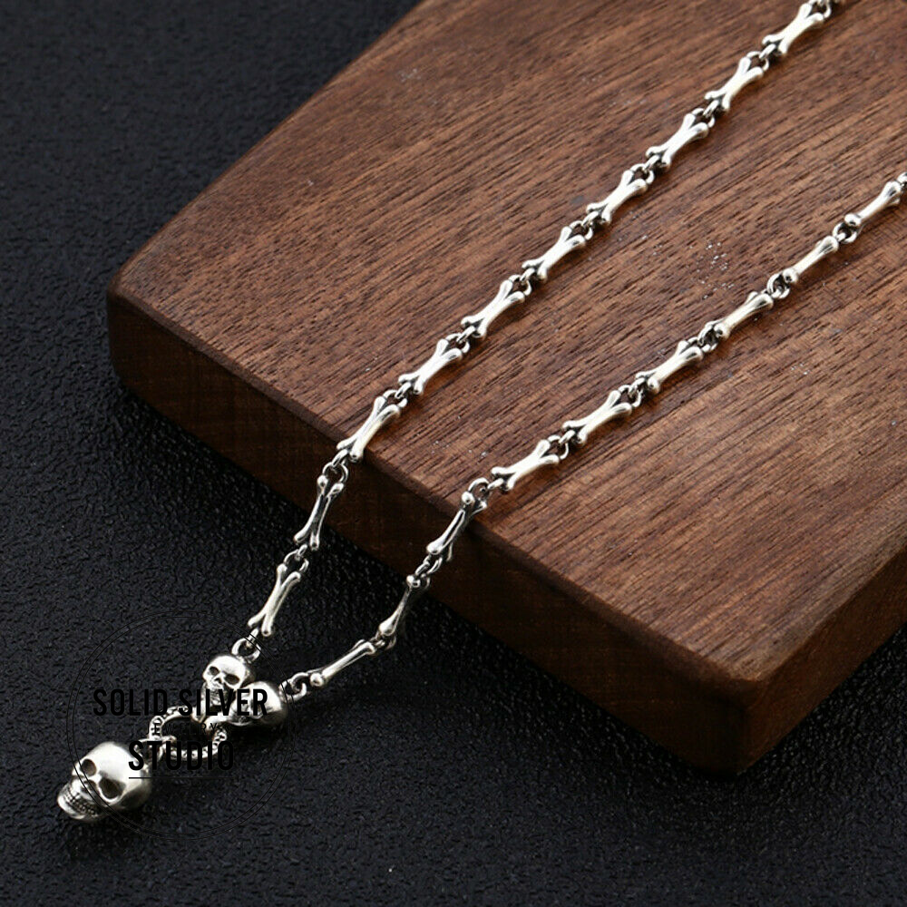 Men’s 925 Sterling Silver Skull & Bone Link Necklace Gothic Punk Biker ...
