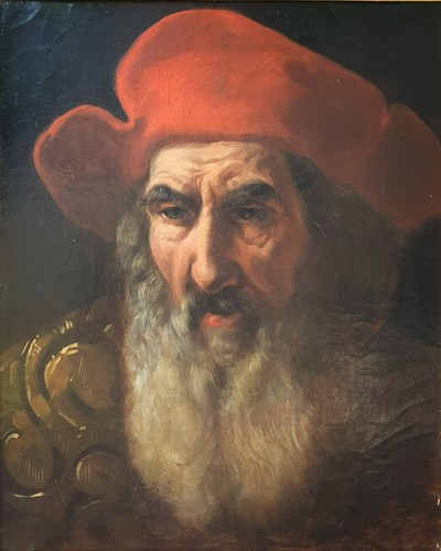 Tableau Etude tête barbu XVIIIe 18e chapeau rouge italien Renaissance ...