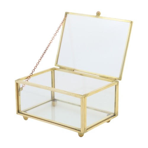 Clear Glass Rectangular Metal Jewelry Box Decorative Slanted Top Lid ...