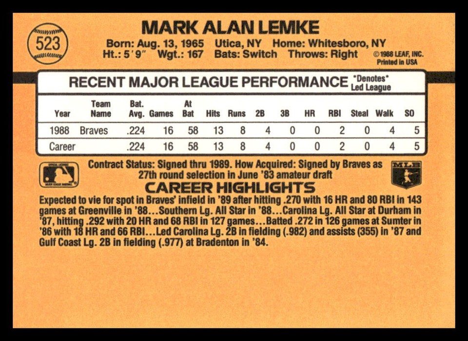 1989 Donruss #523 Mark Lemke Atlanta Braves Rookie Baseball Card EX/NM ...