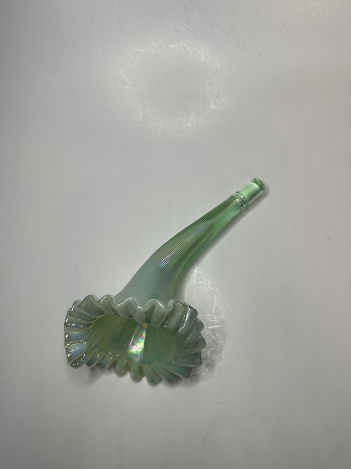 Vtg Fenton Glass Epergne Horn UV Reactive Ribbed Iridescent Sea Mist ...