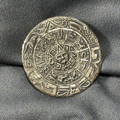 Vintage Mexico Sterling Silver Aztec Mayan Sun Calendar Brooch Pin ...