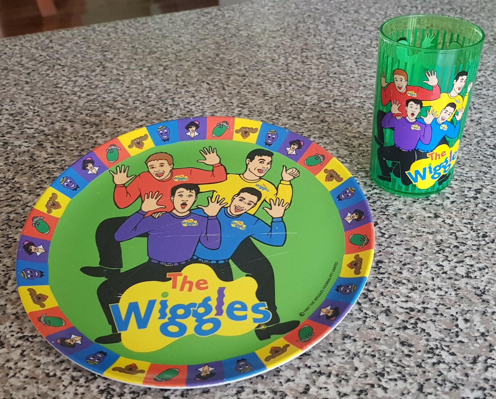 The Wiggles - 1990s melamine plastic plate and cup set with scratches ...