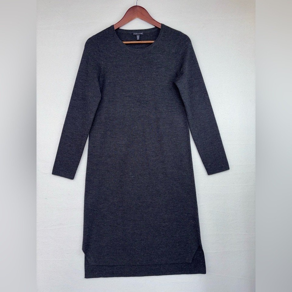 EILEEN FISHER 100% Merino Wool Dress Midi Long Sleeve Crew Interlock XS ...